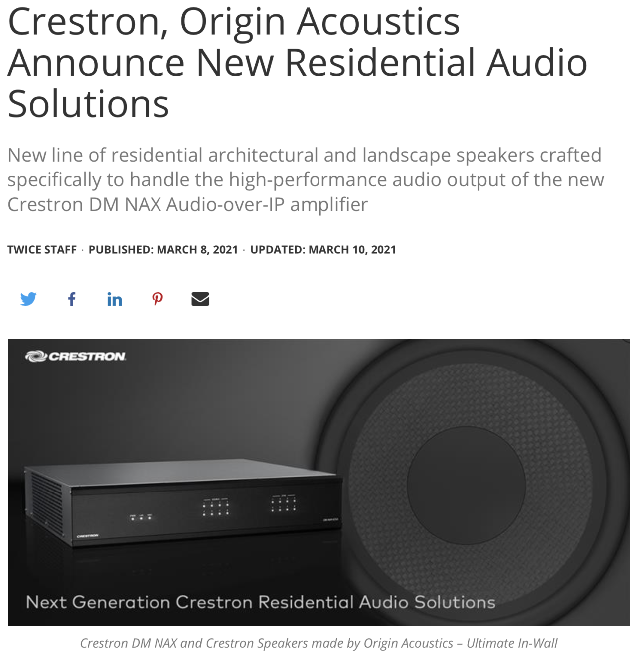 TWICE, Crestron, Origin Acoustics Announce New Residential Audio ...