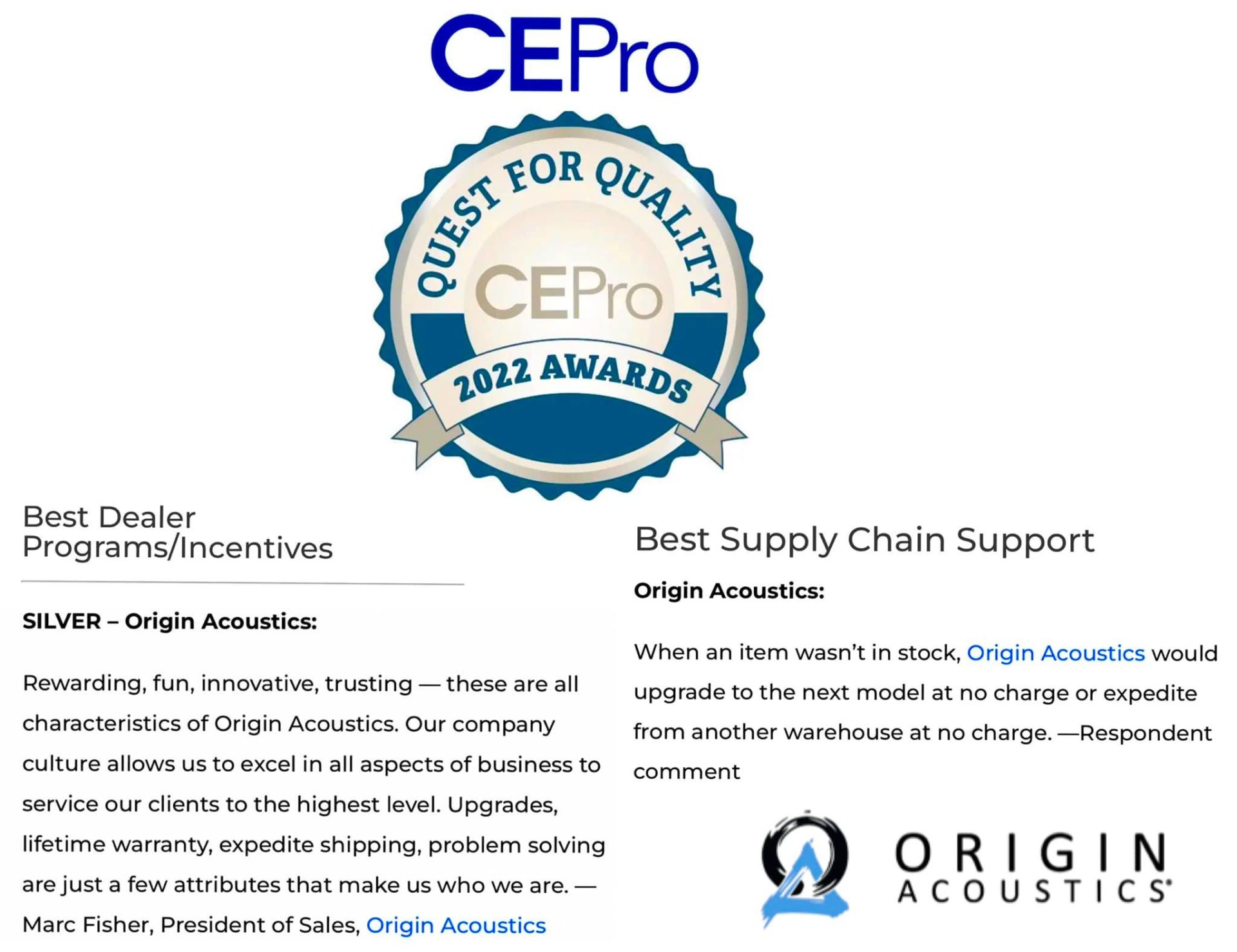 CE Pro Magazine - Quest For Quality 2022 Awards - Origin Acoustics