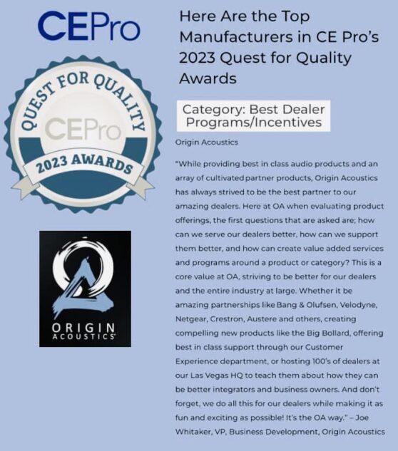 CE Pro Magazine: 2023 Quest for Quality Awards Origin Acoustics ...
